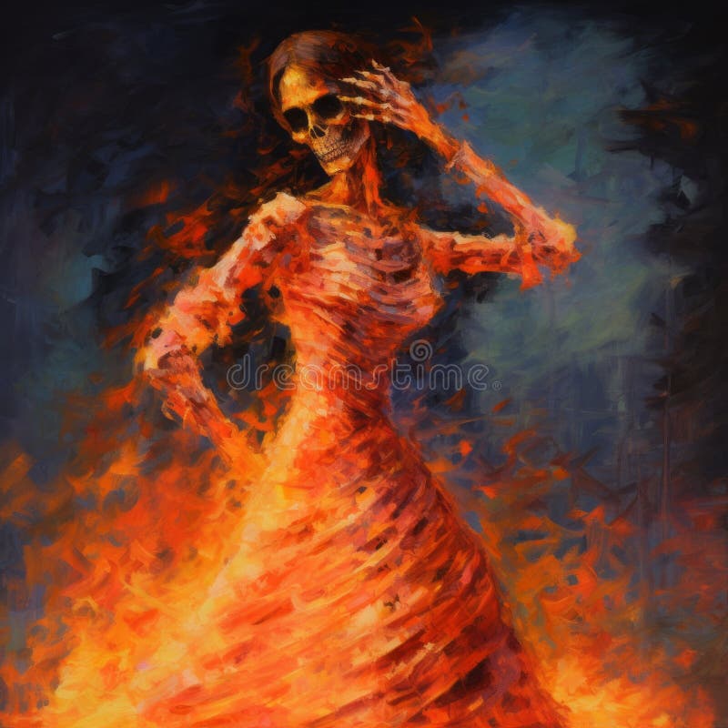 Flaming Skeleton Lady: Modern Impressionism in Intense Emotional Expression Stock Illustration ...