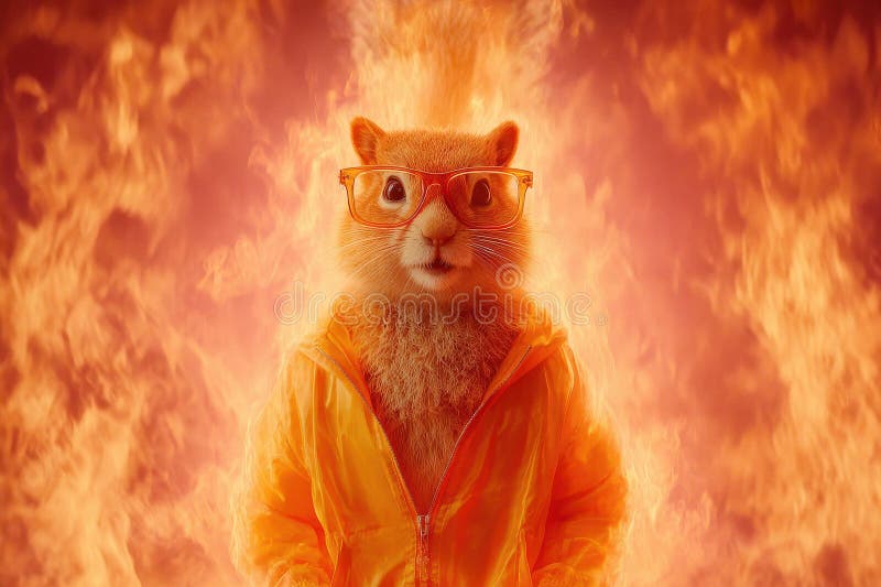 Flaming Squirrel in Metallic Windbreaker with Glasses Surrounded by ...