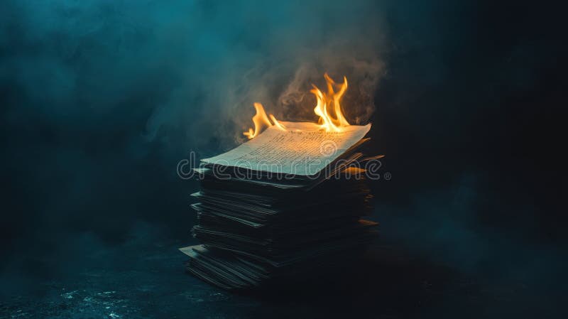 Flaming Stack of Documents Amidst Dense Smoke Stock Image - Image of generated, chaos: 355636079