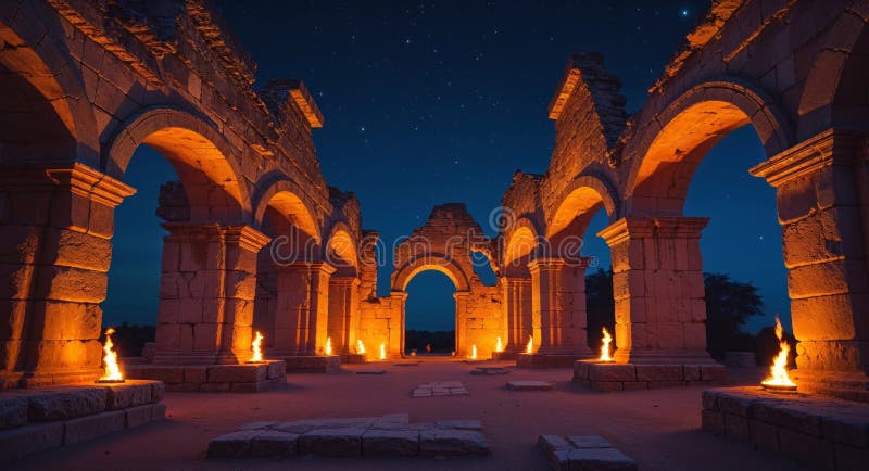 Flaming Stone Arches of Ancient Ruins Illuminated at Night Stock Image ...
