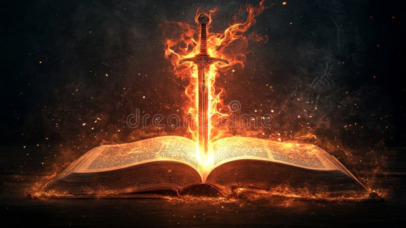Flaming Sword Emerging from Enchanted Ancient Book Stock Image - Image ...