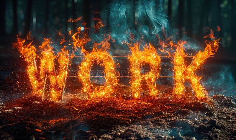 Flaming Text Reading WORK Ablaze in Fiery Orange Flames, Symbolizing ...