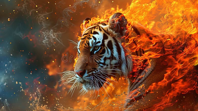 Flaming Tiger Stylized Art stock illustration. Illustration of feline ...
