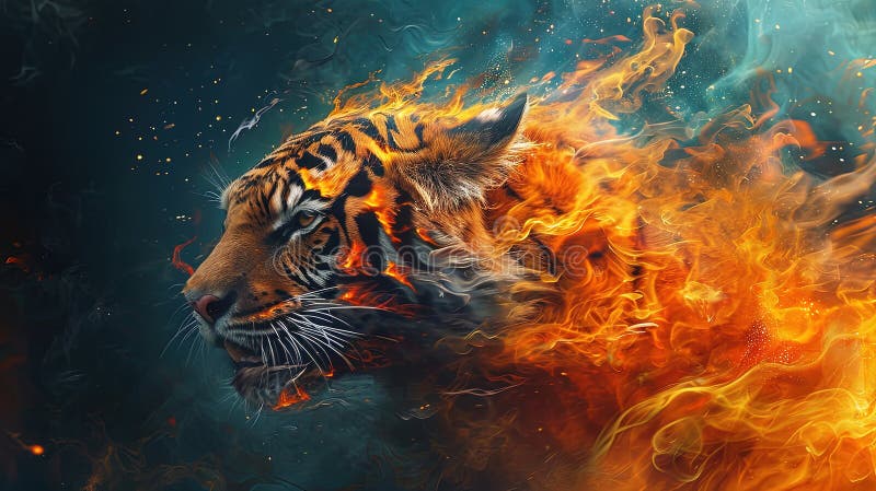 Flaming Tiger Stylized Art stock illustration. Illustration of nature ...