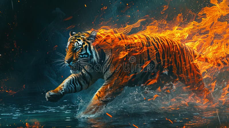 Flaming Tiger Stylized Art stock illustration. Illustration of head ...