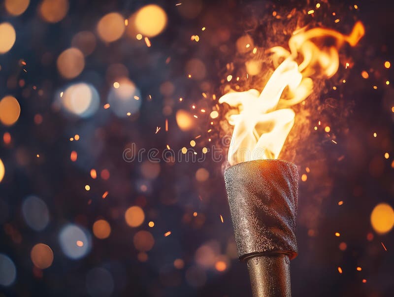 Flaming Torch Close Up of a Lit Torch with Sparks and Bokeh Background ...