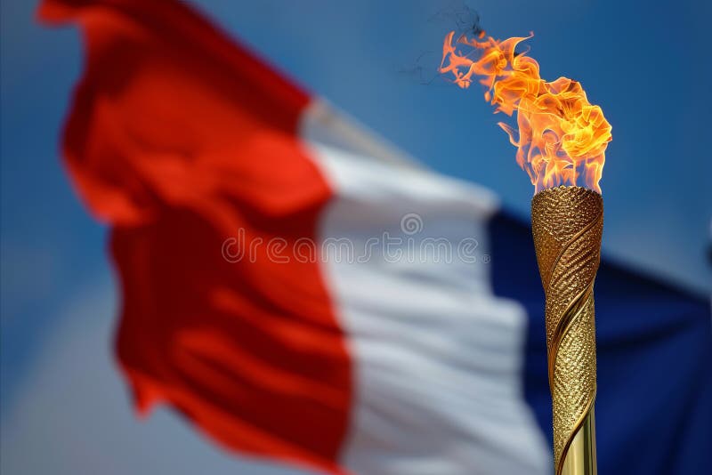 Flaming Torch in Front of the French Flag Stock Photo - Image of event ...