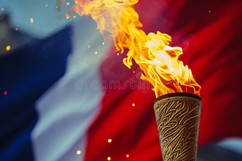 Flaming Torch in Front of the French Flag Stock Photo - Image of games ...