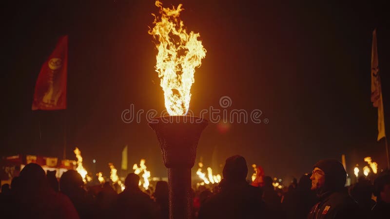 Flaming Torch at a Night Gathering Crowds Ablaze with Light and Flags ...