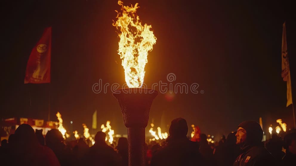 Flaming Torch at a Night Gathering Crowds Ablaze with Light and Flags ...