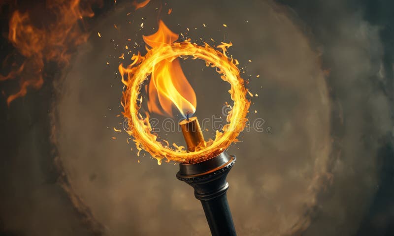 Flaming Torch with Ring Fire Encircles it, Set Against Dark Background ...