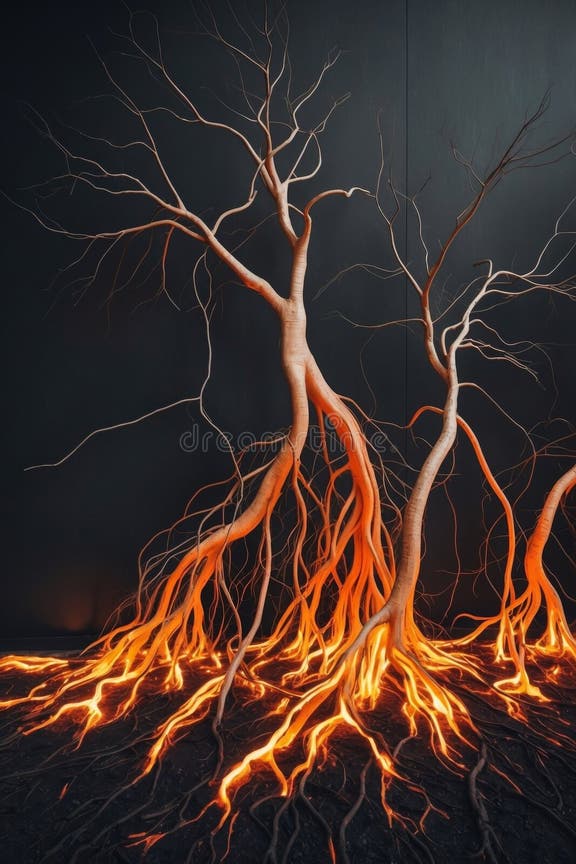 Flaming Tree Roots Surrounding a Dark Background. Stock Illustration ...