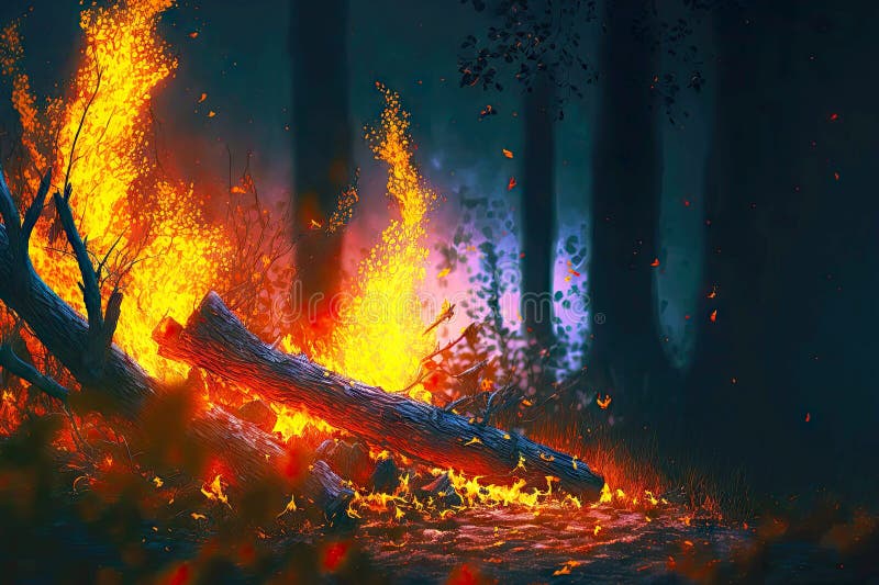 Flaming Trees and Sparks from Fire during Forest Wildfire Stock ...