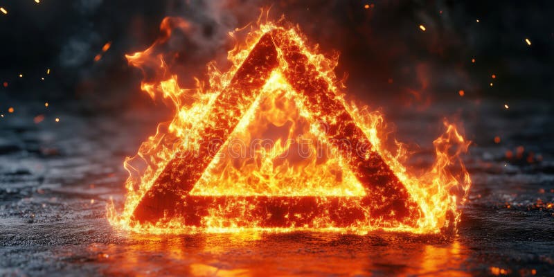 Flaming Triangle Symbol Surrounded by Fire and Sparks on Dark ...