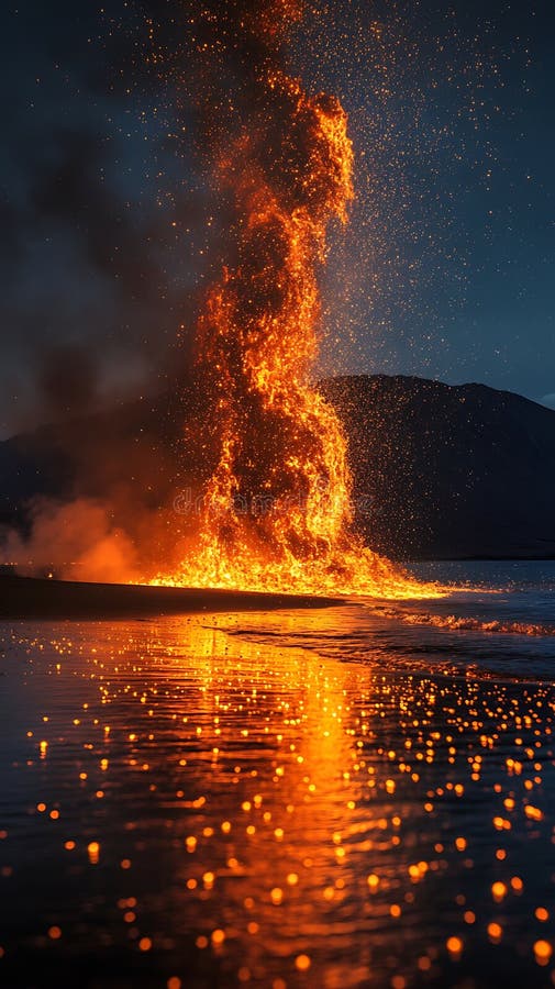 Flaming Volcano with Glowing Lava and Dramatic Landscape Stock ...