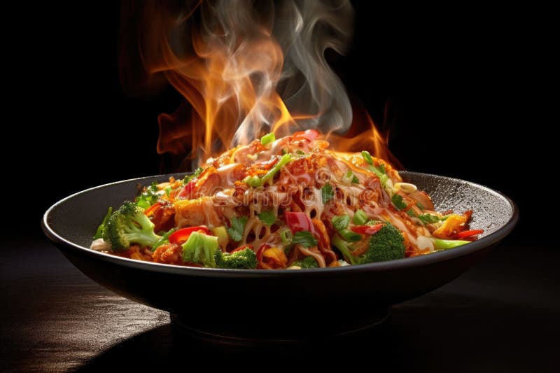 Flaming Wok with Sizzling Vegetables in Motion Stock Image - Image of ...