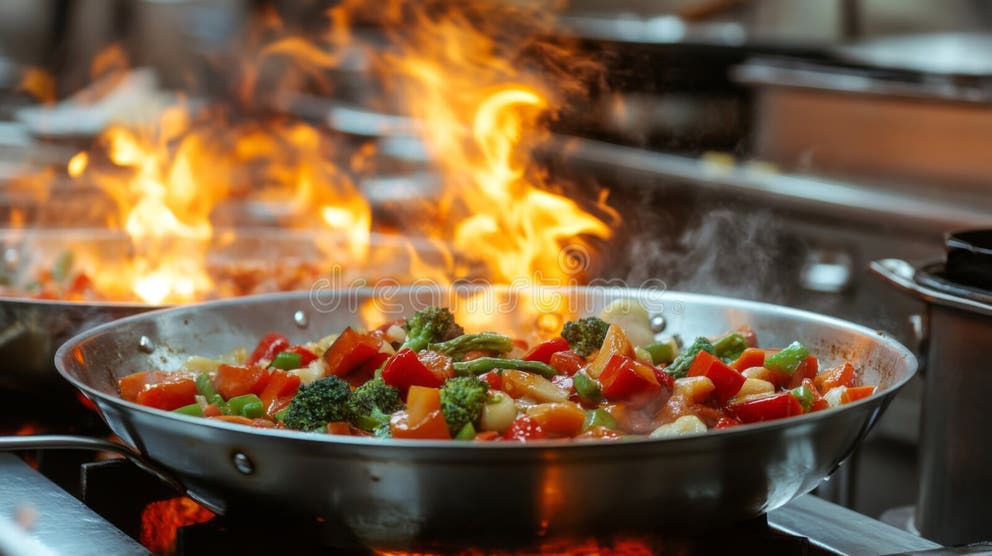 Flaming Wok of Stir Fried Vegetables Stock Illustration - Illustration ...