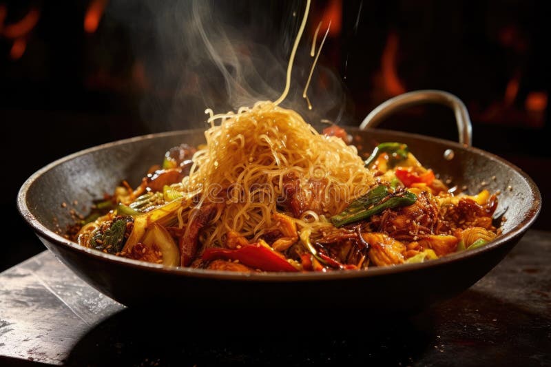 Flaming Wok with Stir-fried Vegetables and Noodles Stock Photo - Image ...