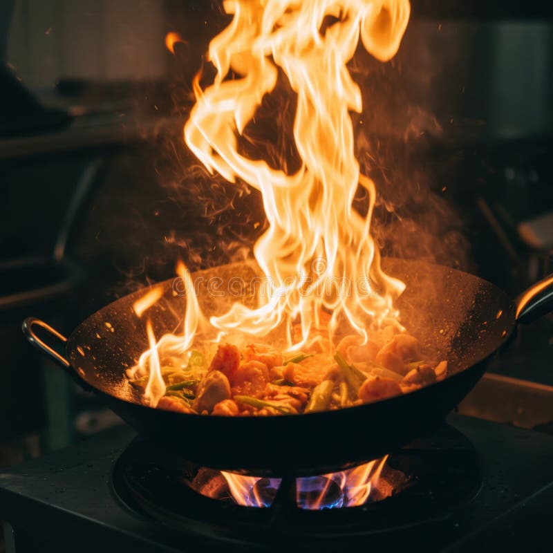 Flaming Wok Stir Fry with Vegetables and Meat Stock Illustration ...