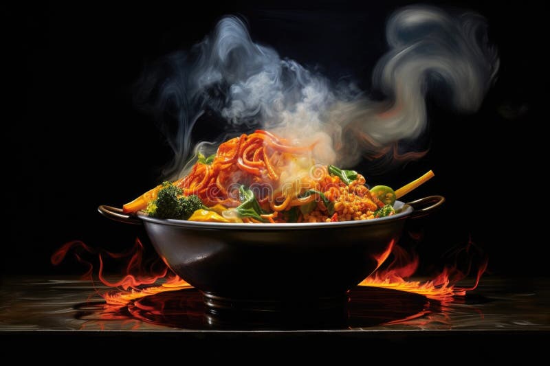 Flaming Wok with Swirling Smoke and Steam Stock Image - Image of ...