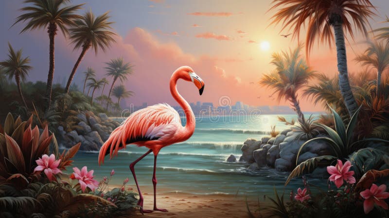 Flamingo on the Beach at Sunset. Generative AI. Stock Illustration ...