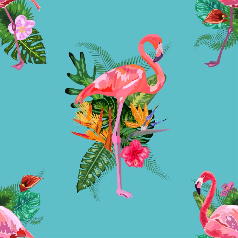 Flamingo Bird and Tropical Flowers Background - Retro Seamless Pattern ...