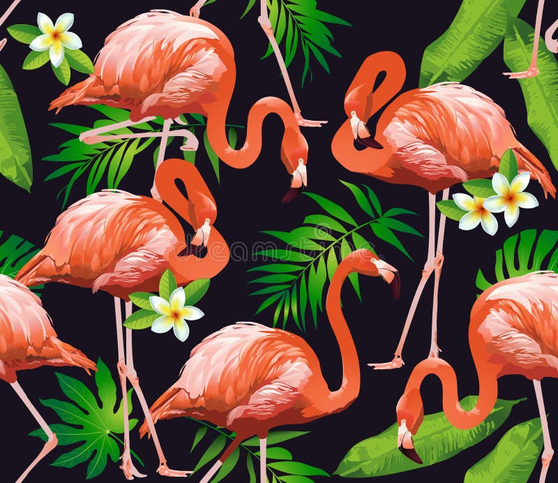 Flamingo Bird and Tropical Flowers Background - Seamless Pattern Vector ...