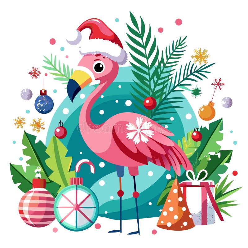 Flamingo with Christmas Tree. Snow Flakes with Christmas Lightings and ...