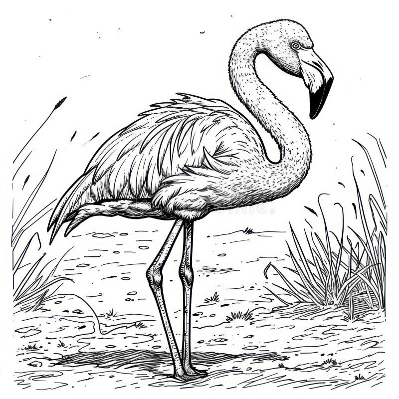 Flamingo Drawing Coloring Book Page Stock Illustration - Illustration ...
