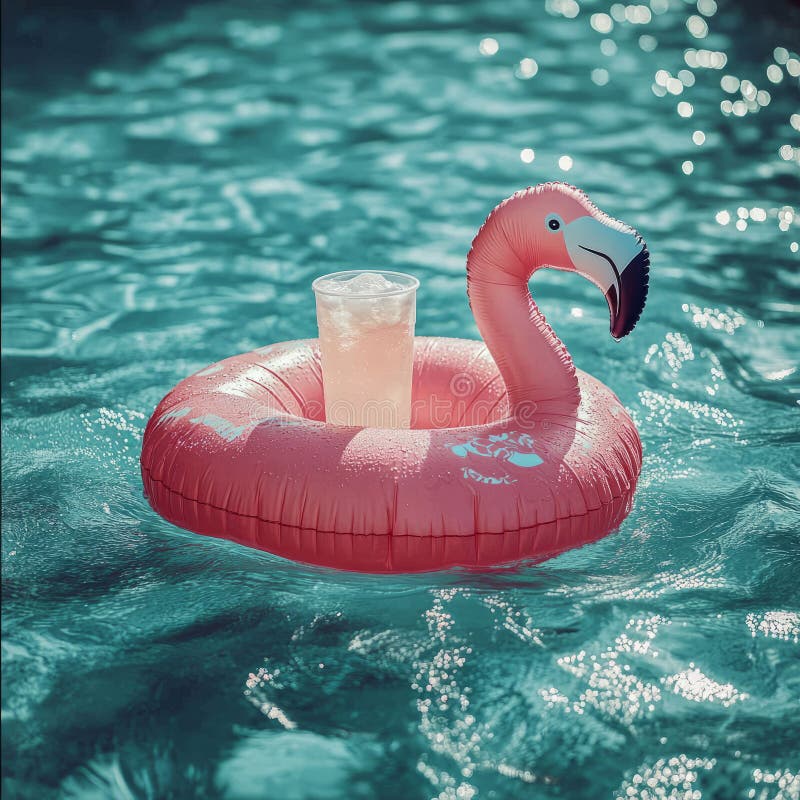 Flamingo Float with a Drink in a Pool on a Sunny Day. Stock Image ...
