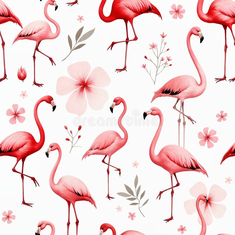 Flamingo and Floral Pattern on White Background Stock Illustration ...