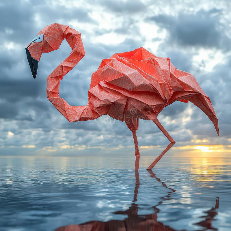 Flamingo Made of Origami Paper Standing on a Mirror Surface with Sky ...