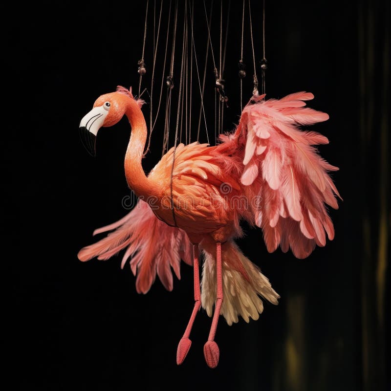 Flamingo Marionette in Flight Pose with Dark Backdrop Stock Photo ...