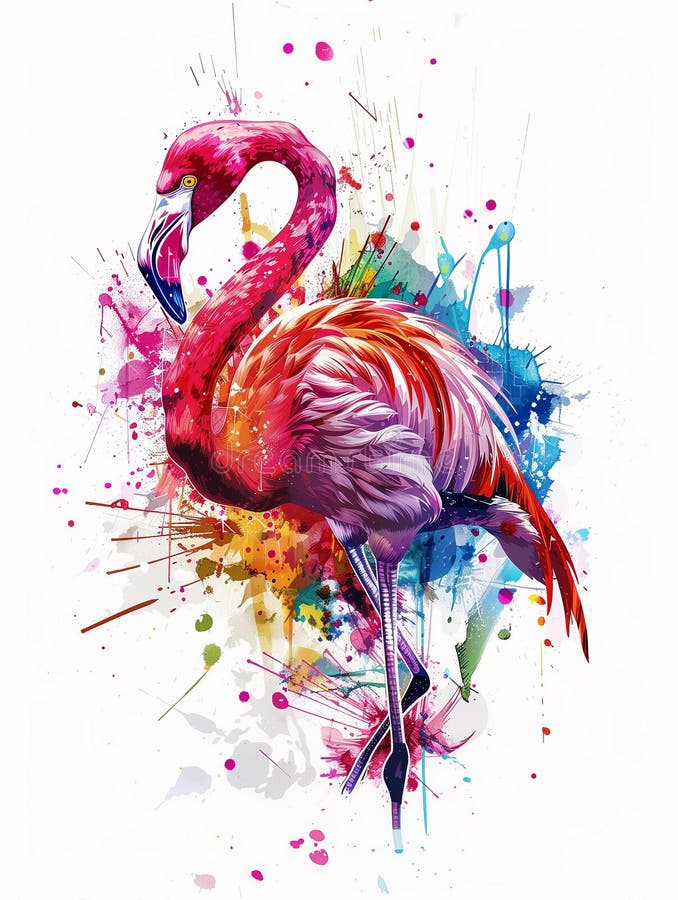 Flamingo Painted with Paint Splatters, Rainbow Colors on a White ...