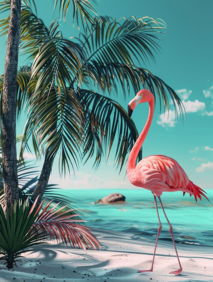 Flamingo and Palm Tree stock photo. Image of warm, bird - 384058830