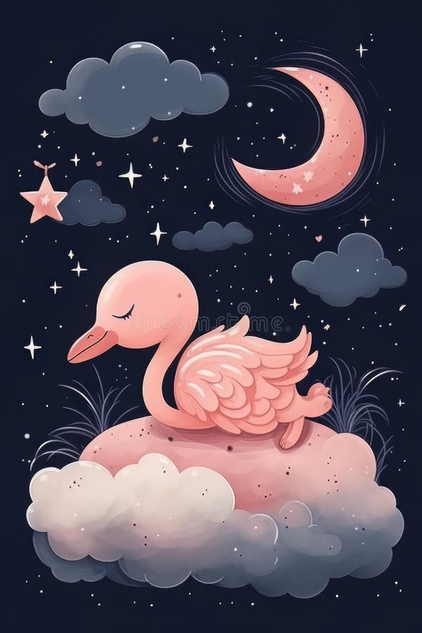 Flamingo Sleeping on a Cloud on a Starry Night Stock Image - Image of ...