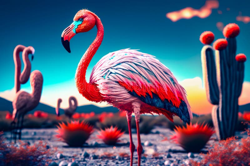 Flamingo Standing in the Middle of Desert with Cactus in the Background ...