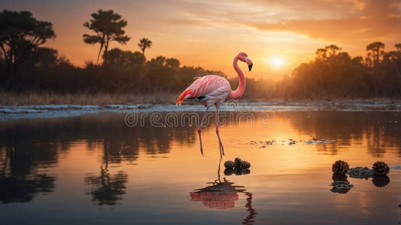 Pink Flamingo at Golden Sunset Reflection in Calm Water Stock ...