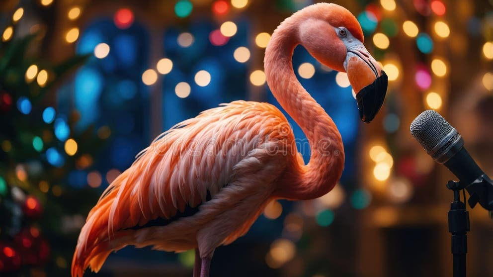 Pink Flamingo Singing on Stage with Christmas Lights Stock Illustration ...
