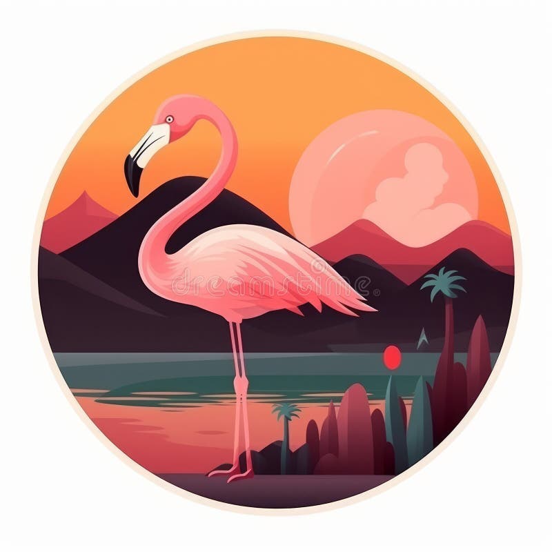 Flamingo Sticker in Flat Design on Mountain with Desert Background ...