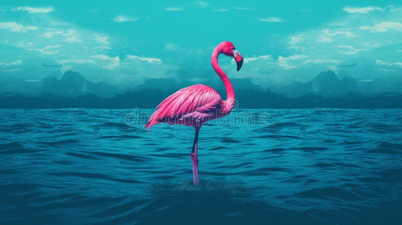 Flamingo in Synthwave Style: Exotic Bird in Ocean with Risograph ...