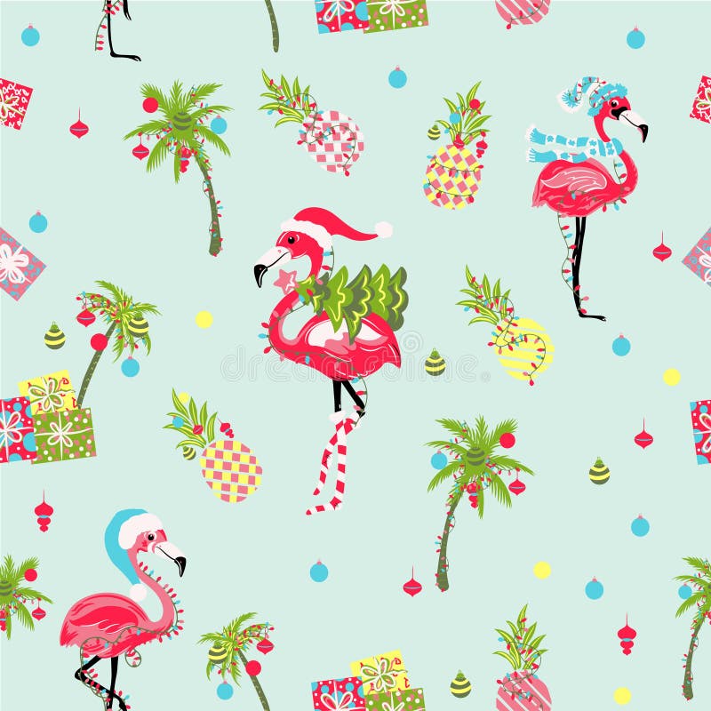 Flamingo Vector Seamless Pattern, Tropical Christmas Design Stock ...