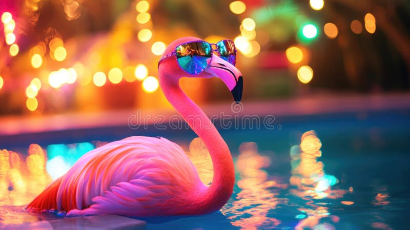 Flamingo Wearing Sunglasses in a Colorful Nighttime Pool Scene Stock ...