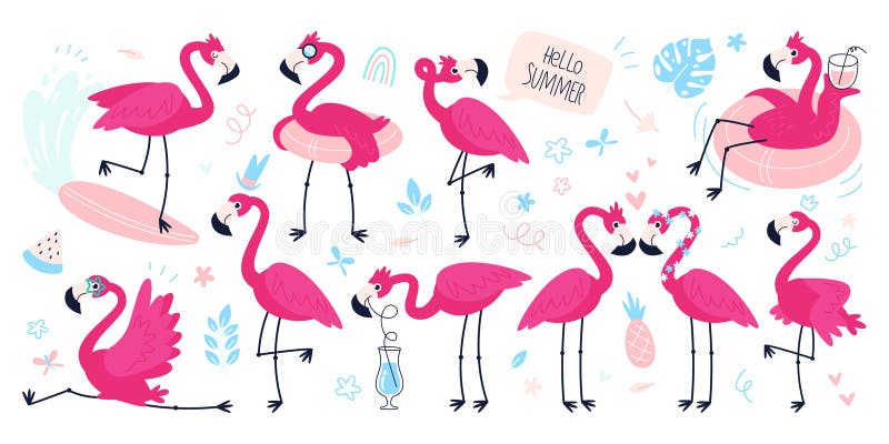 Flamingos Characters Flat Illustrations Set. Stock Vector ...