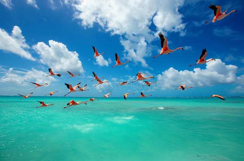 Flamingos Over Caribbean Sea Stock Image - Image of sunny, flight ...