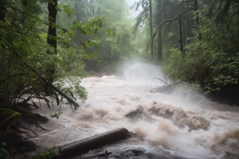 Flash Flood Racing through Forest, with Trees Bending Under the Force ...
