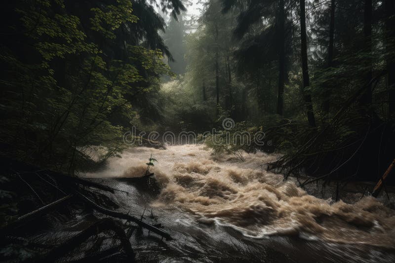 Flash Flood Racing through Forest, with Trees Bending Under the Force ...