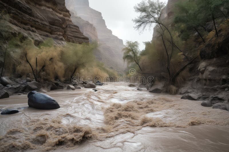 Flash Flood Rushes through Deep and Winding Canyon, with Trees and ...