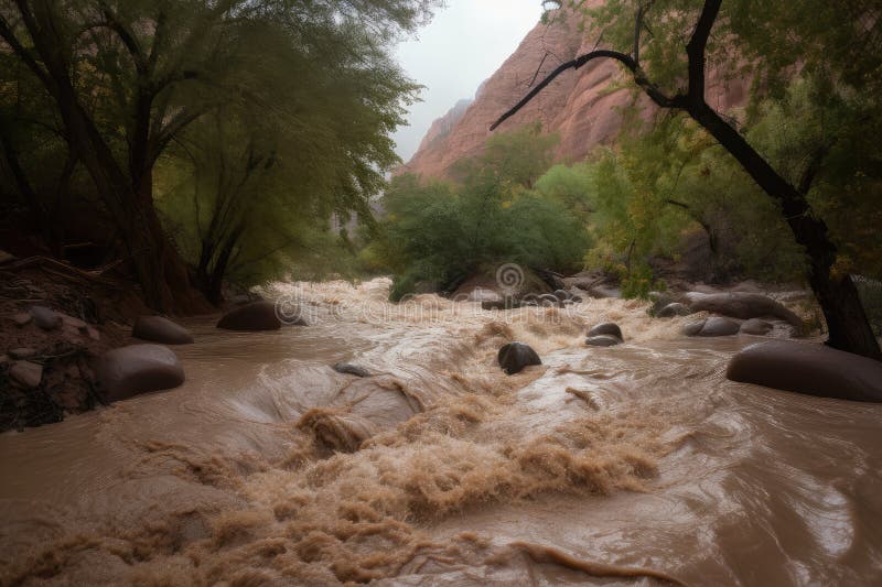 Flash Flood Rushes through Deep and Winding Canyon, with Trees and ...