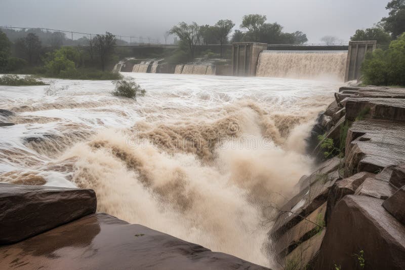 Flash Flood Rushing through Broken Dam, with Water Spilling Out of the ...